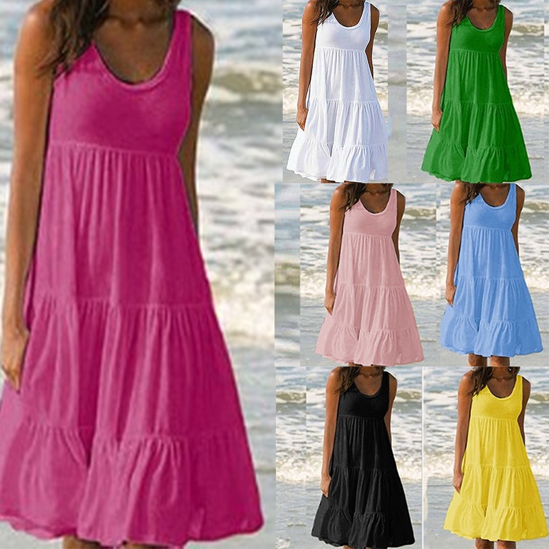 Women's Comfortable Holiday Summer Solid Sleeveless Party Beach Loose ...