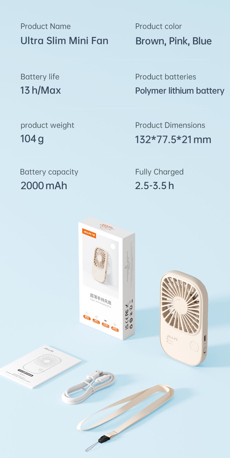 JISULIFE Mini Fan Rechargable 2000 mAh Battery 3 Speeds Strong Wind ...