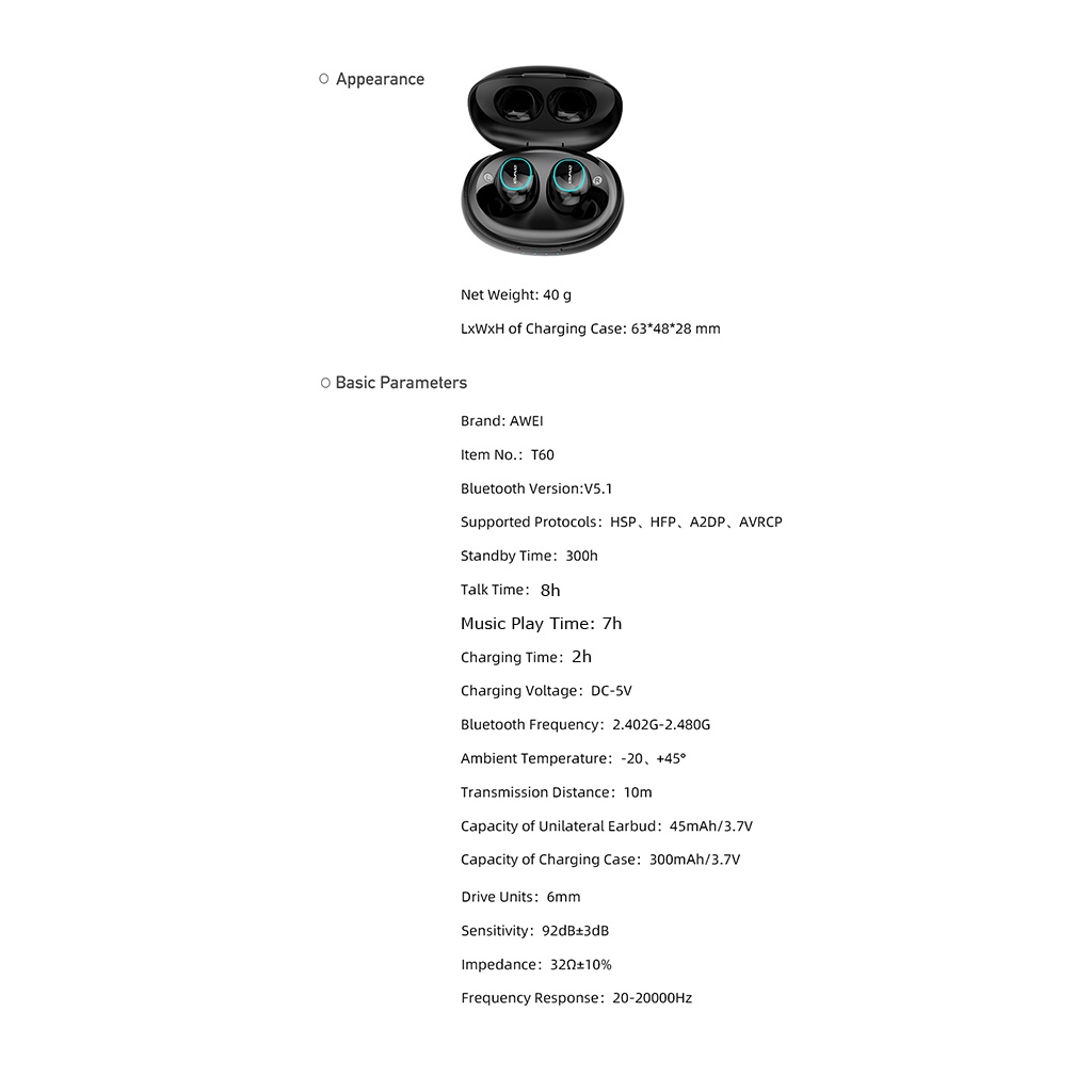 Awei T60 In-Ear TWS Wireless Bluetooth Earphone Stereo Wireless Sports ...