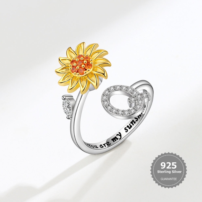 S925 Silver SUNFLOWER Spinning Ring 26 Letters Sunflower Rotating Open ...