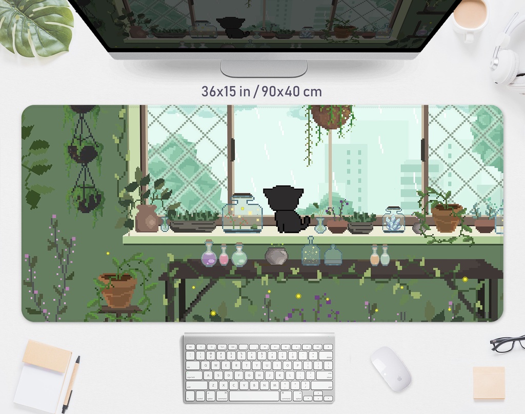 Green Desk Mat, Cute Mousepad lofi aesthetic, Kawaii plants and cat ...