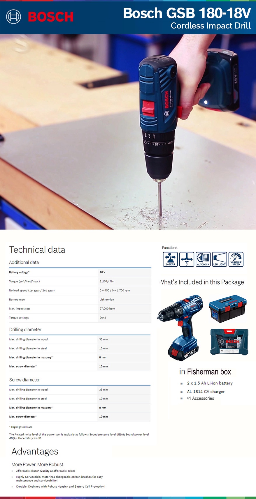 Bosch GSB 180-18V Cordless Impact Drill with 41pc. Accessories Set with ...