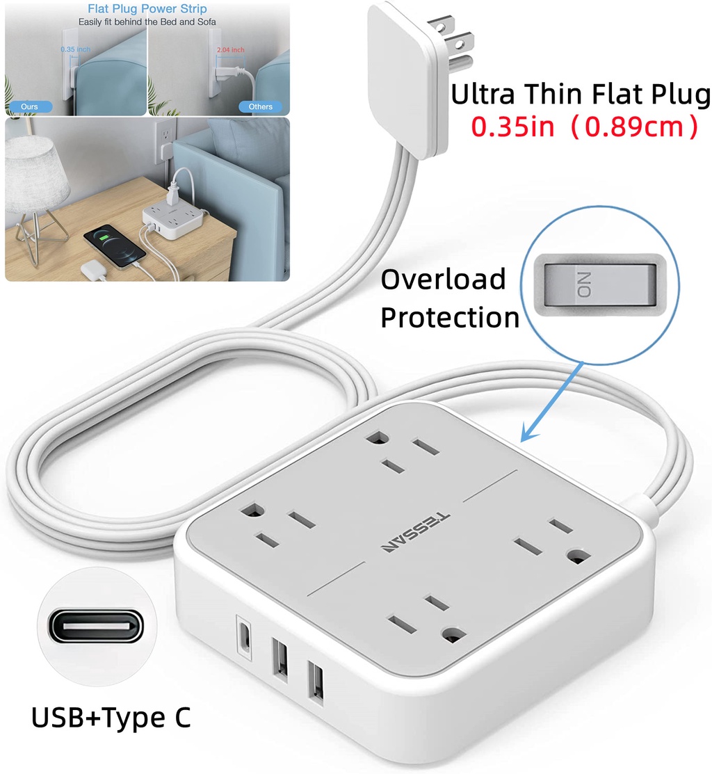 TESSAN 5ft/10ft/15ft Ultra Thin Flat Extension Cable Power Strip with 4 ...