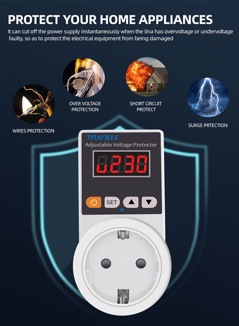 Automatic Voltage Protector Socket AC 220V Adjustable 16A EU UK US ...