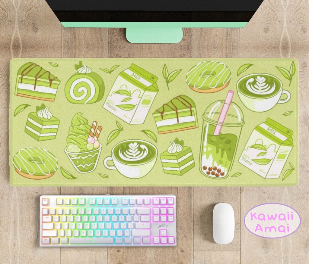 Green matcha desk mat, Kawaii Gamer mouse pad, Cute Gaming large desk ...
