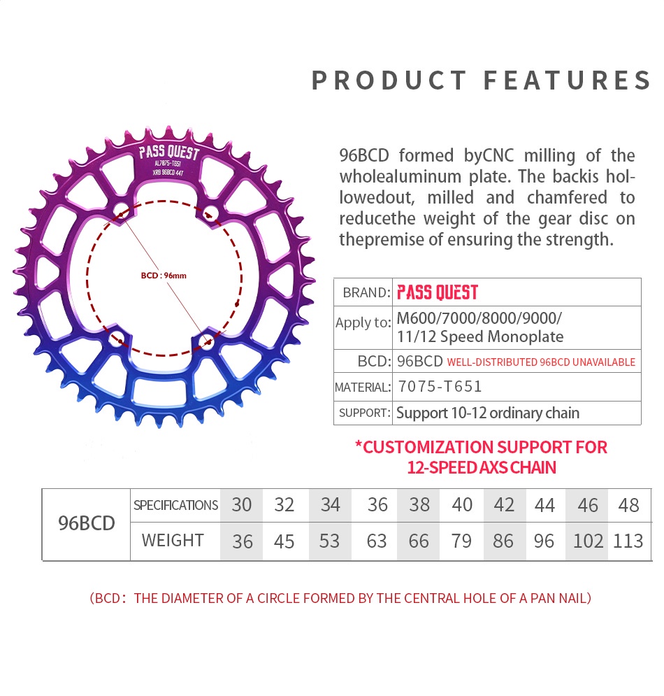 PASS QUEST 96bcd mtb chainring asymmetrical fit Shimano M6000 M7000 M8000 Round Narrow Wide ...