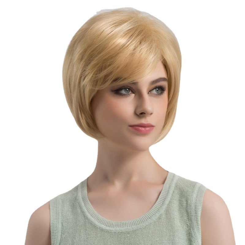 European and American Wig Woman Light Blonde Short Straight Hair Side ...