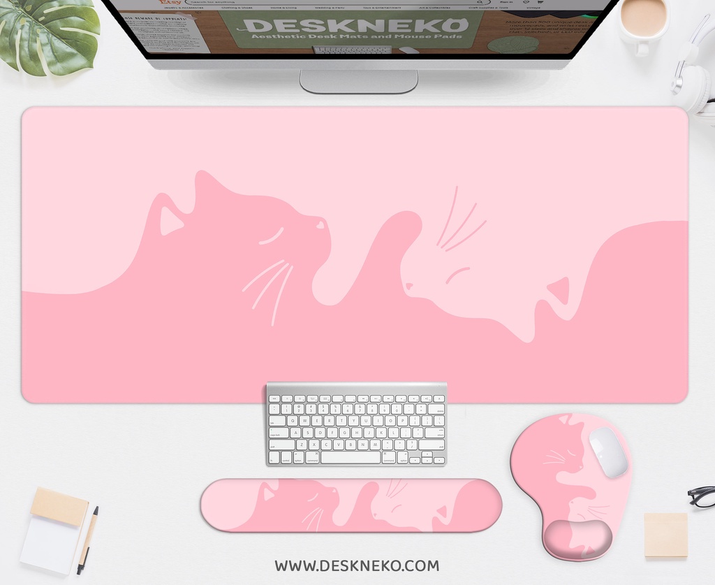 Kawaii Desk Mat Pink, Cute Cats Mousepad, Pastel pink aesthetic kawai ...