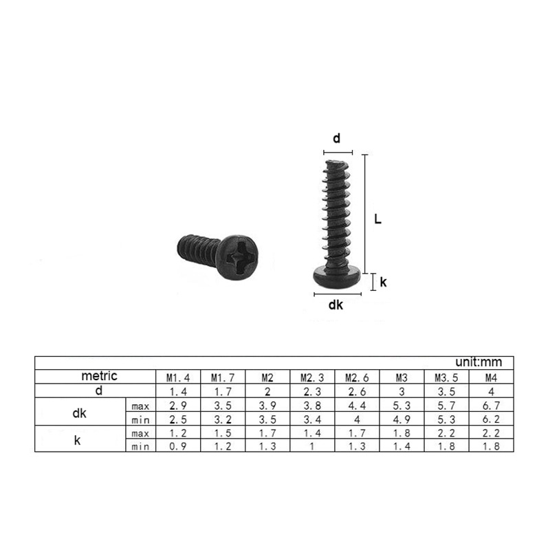 NINDEJIN 150pcs Cross Pan Head Self-Tapping Screw M1.2/M1.4/M1.7/M2 Round Head Black Plated ...