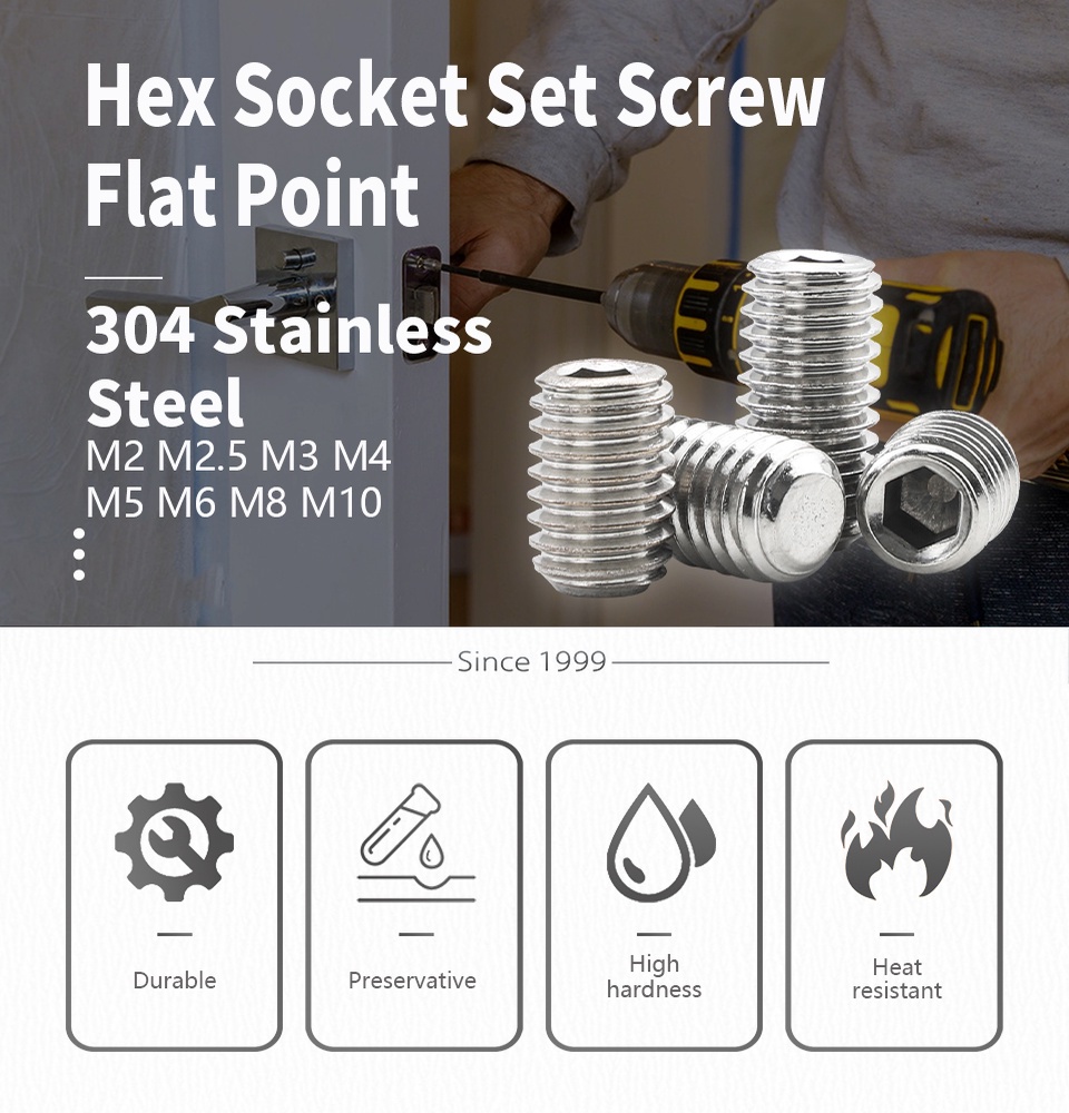 NINDEJIN Flat Point Set Screw M2-M10 Stainless Steel Hexagon Socket ...