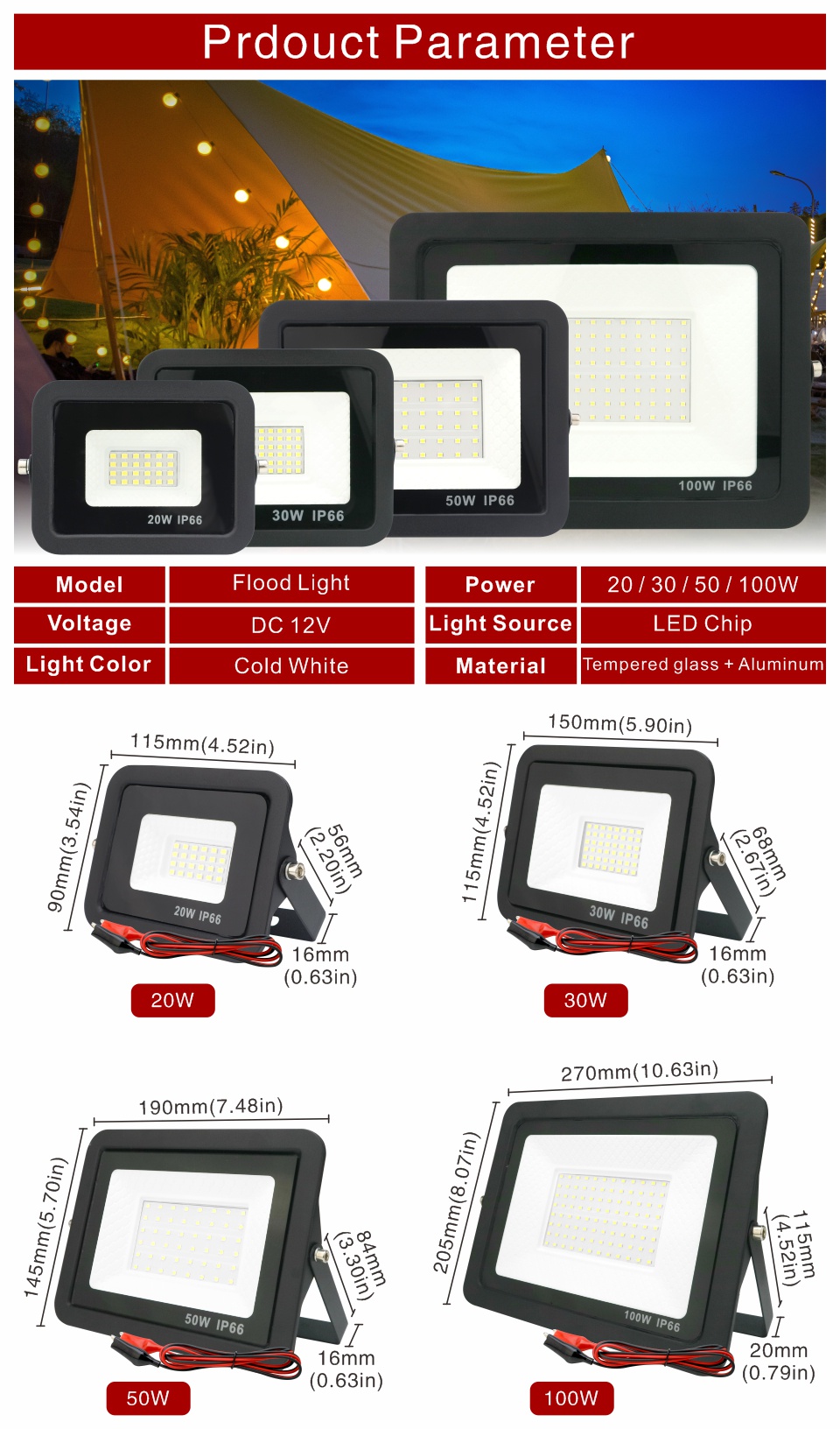 Got Liang DC12V Led Flood Light 20W 30W 50W 100W Outdoor Floodlight ...