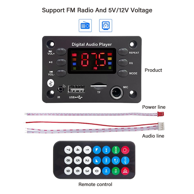 Bluetooth5.0 MP3 Decoder Board DC 5V 12V Lossless Car Audio Amplifier ...