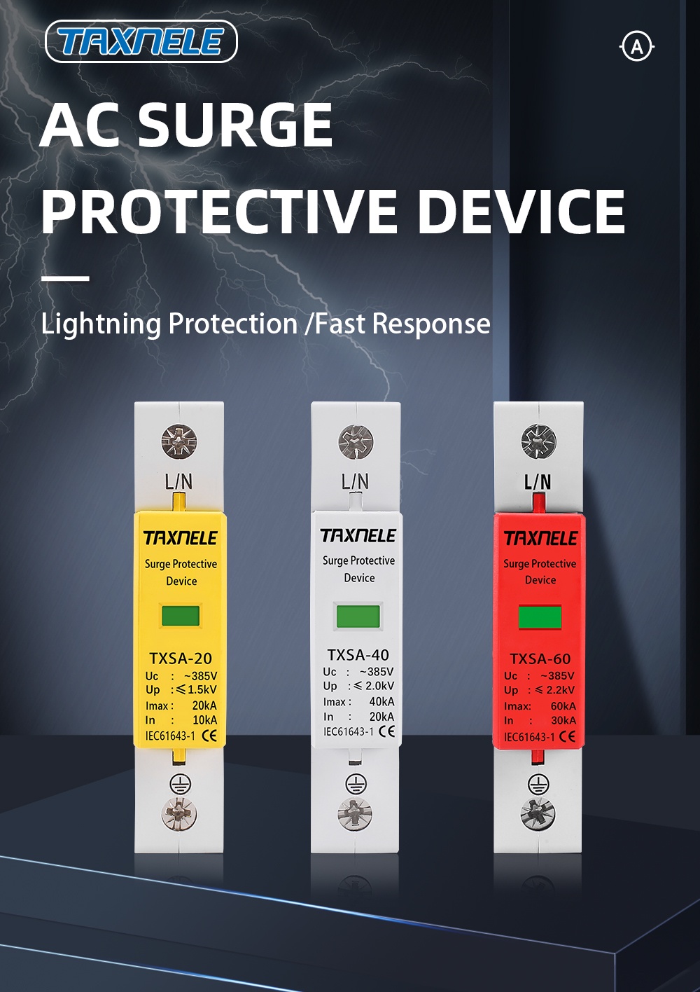 AC SPD 1P 385V 20KA 40KA 60KA House Lightning Surge Protector protection Low-voltage Arrester ...