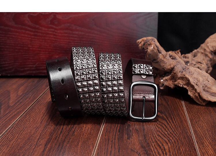 2023 Luxury Metal Rivet Punk Hip-Hop Belt NEW Genuine Leather mens ...
