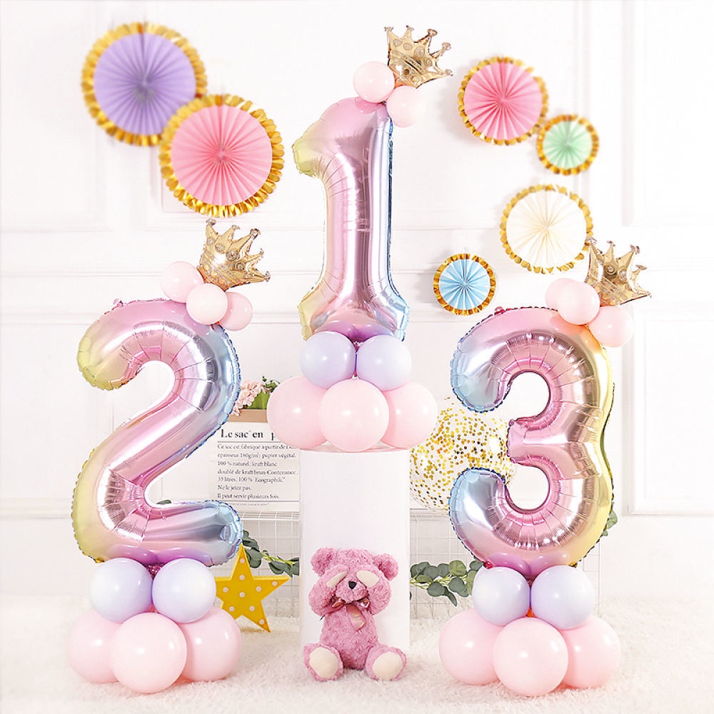 Number Balloons Stand 17Pcs Rainbow Foil Crown Party Backdrop Birthday ...