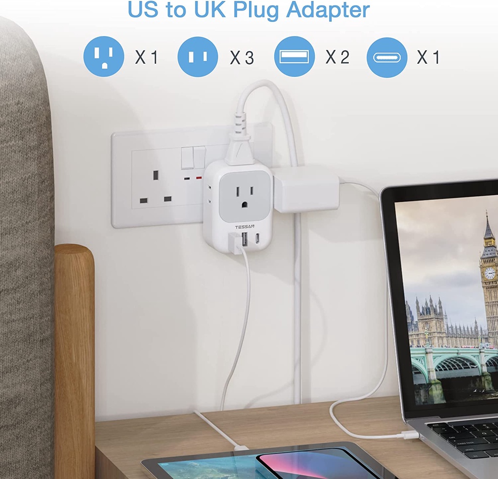 TESSAN US to UK Plug Adapter, Type G Travel Converter with 3 USB ...