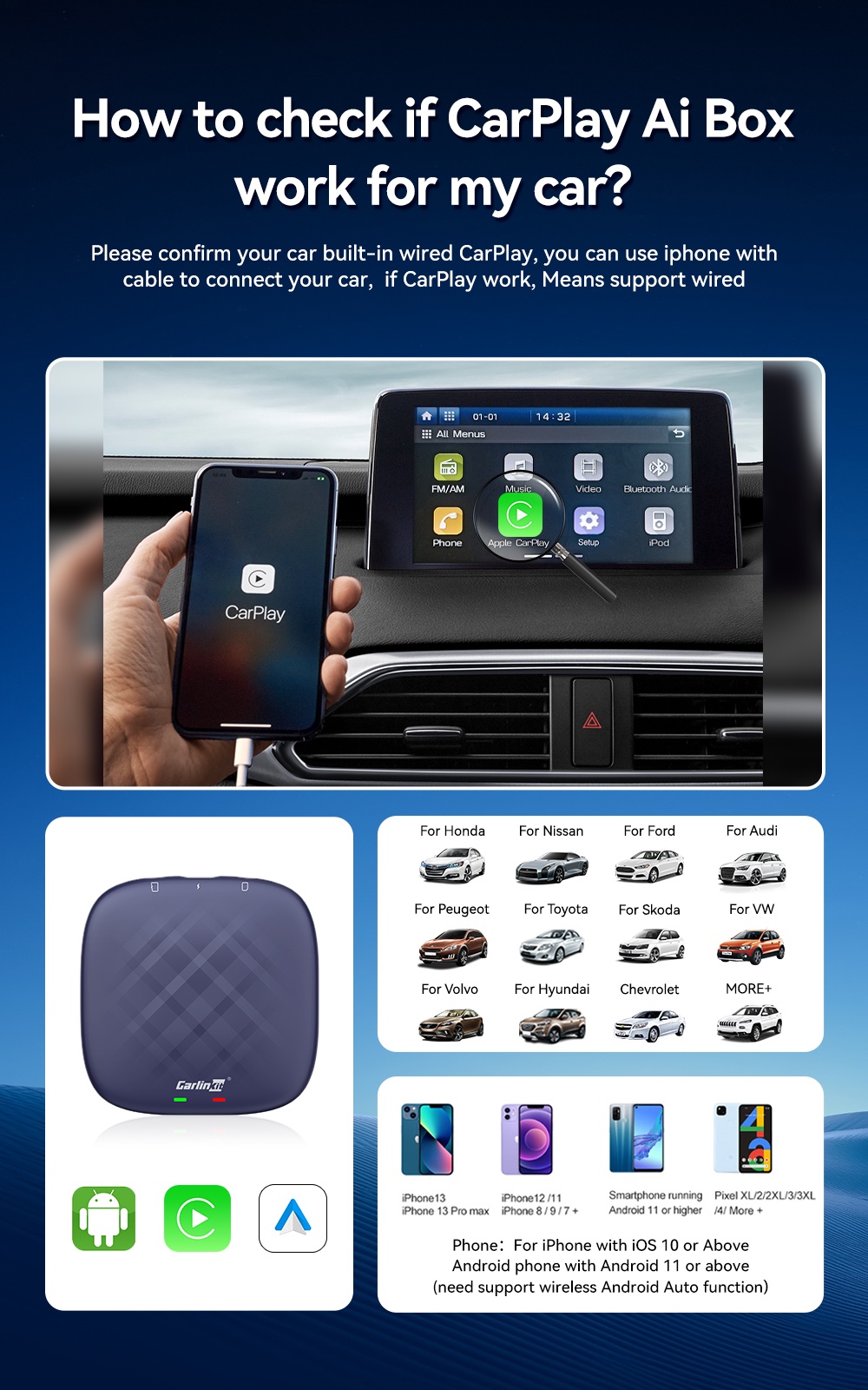 CarlinKit CarPlay Ai Box PLUS Android 13 8G+128G Wireless Android Auto CarPlay Adapter Qualcomm ...