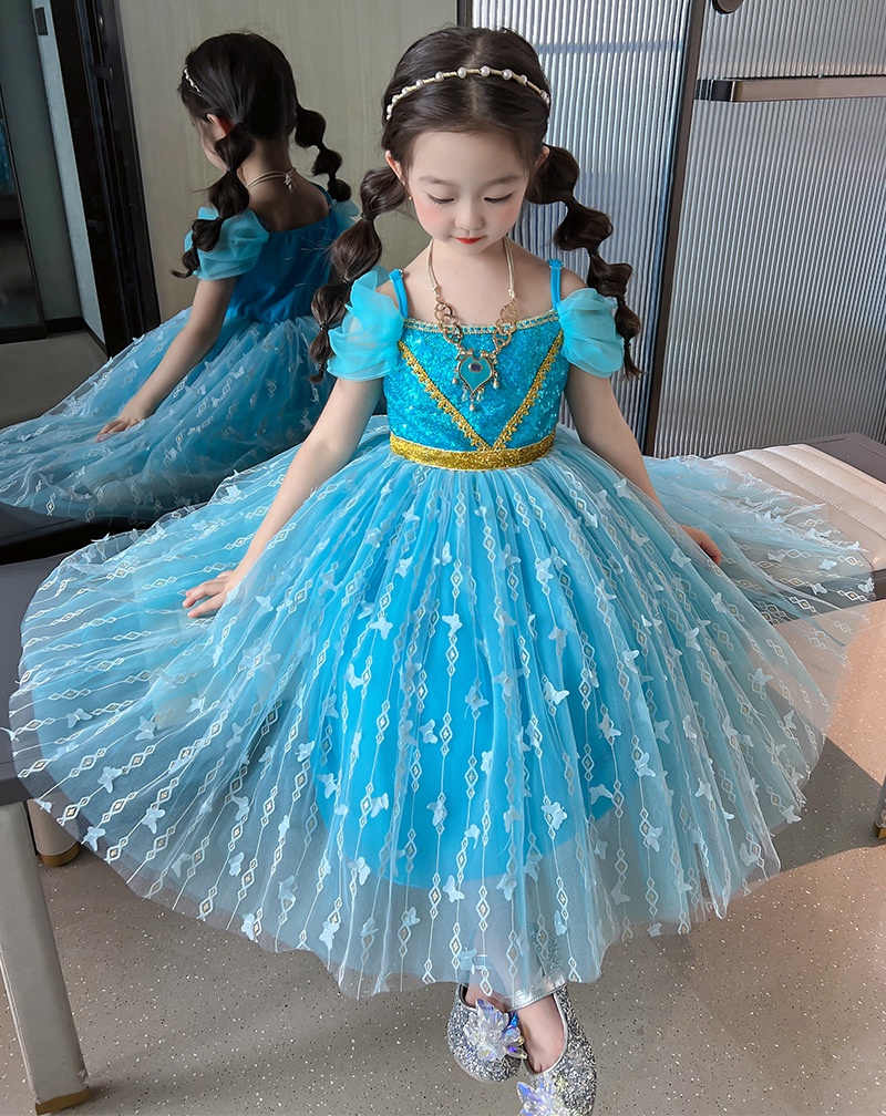 Princess Jasmine Aladdin Costume For Girls Mesh Sequin Blue Dress For ...