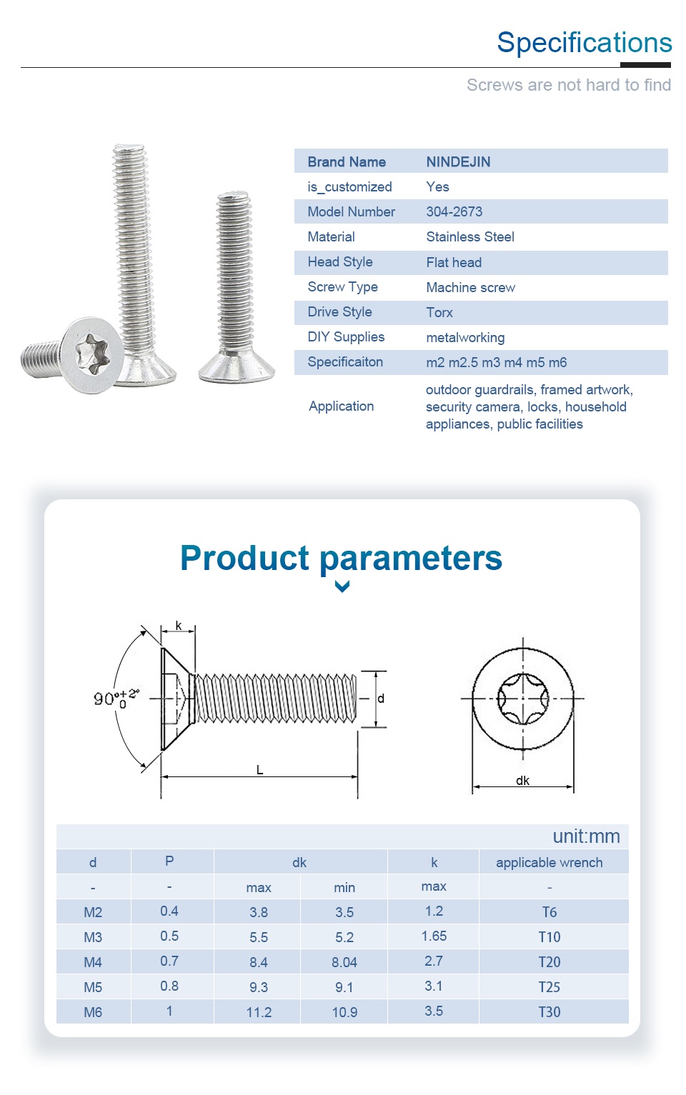 NINDEJIN Flat Head Torx Security Screw Torx Pin M2 M2.5 M3 M4 Stainless ...