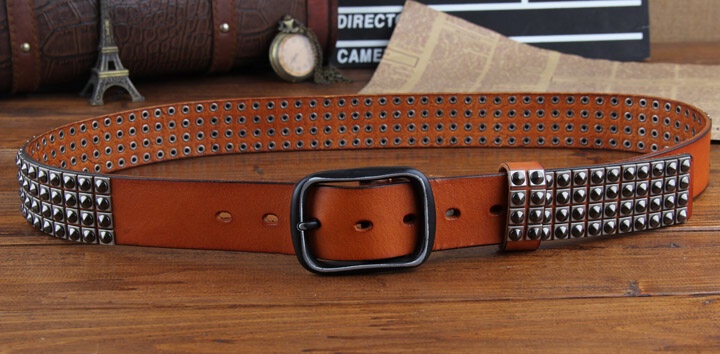 2023 Luxury Metal Rivet Punk Hip-Hop Belt NEW Genuine Leather mens ...