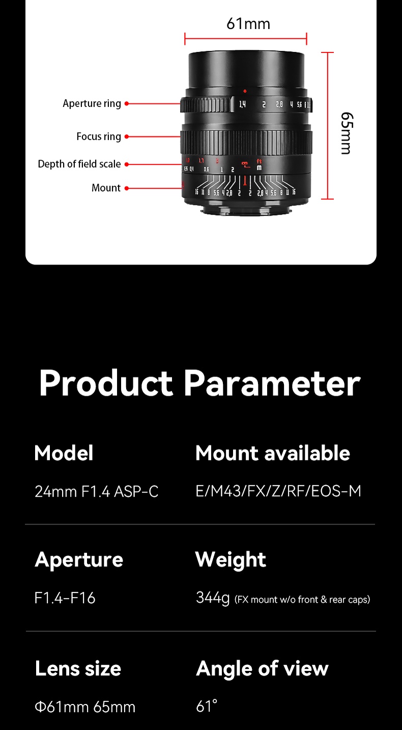 7Artisans 24mm F1.4 APS-C Manual Focus Large Aperture Prime Lens For FX/ E/ R/ EOS-M/ Z/ M43 ...
