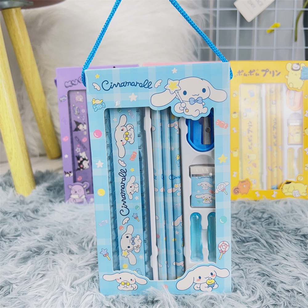 Sanrio Stationery Set 3 Pencils/2 Pen Caps/2 Folding Rulers/1 Eraser/1 ...