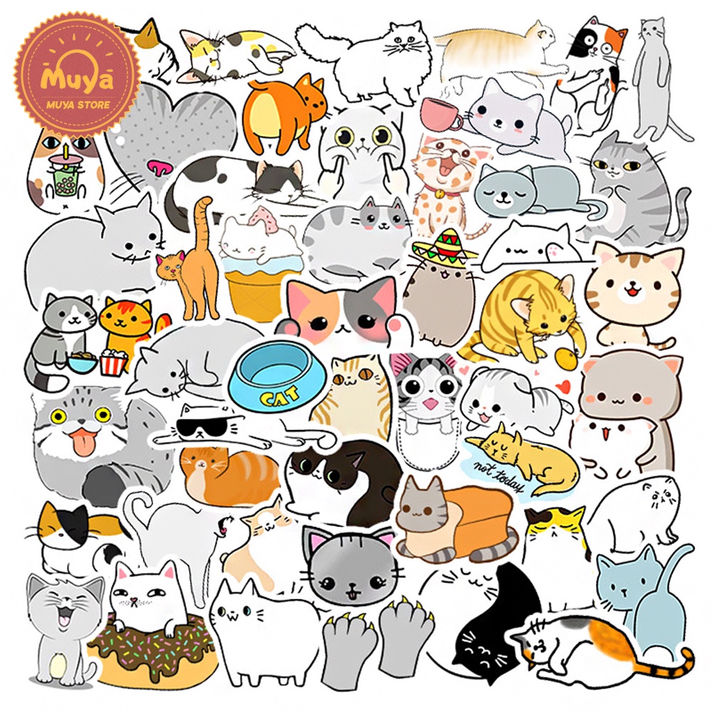 MUYA 50pcs Cute Cat Sticker for Journal Animal Graffiti Stickers for ...