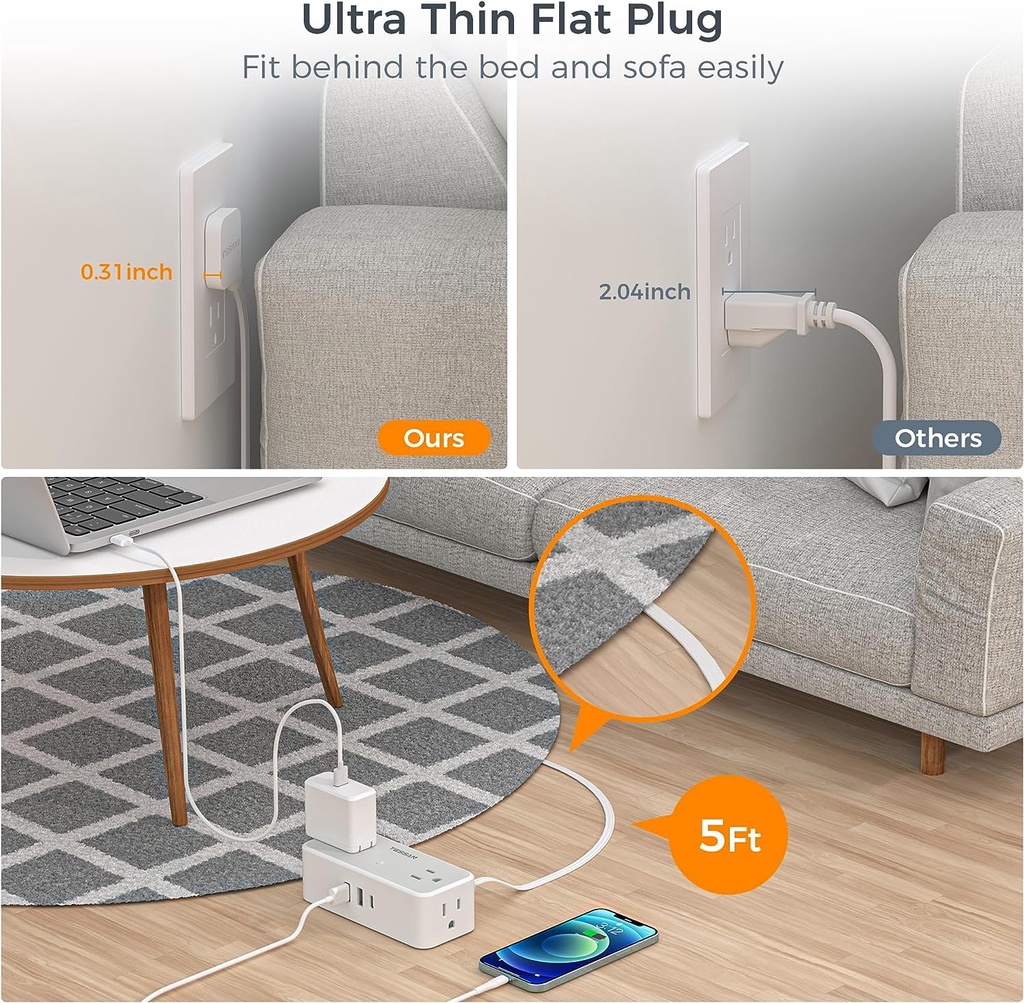 TESSAN Ultra Thin Flat Plug Power Strip with 4 AC Outlets & 3 USB (1 ...