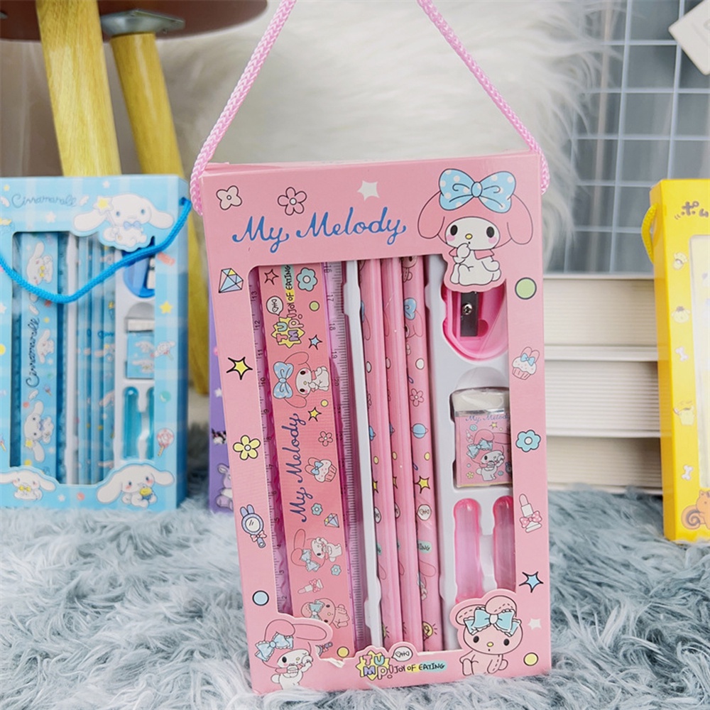 Sanrio Stationery Set 3 Pencils/2 Pen Caps/2 Folding Rulers/1 Eraser/1 ...