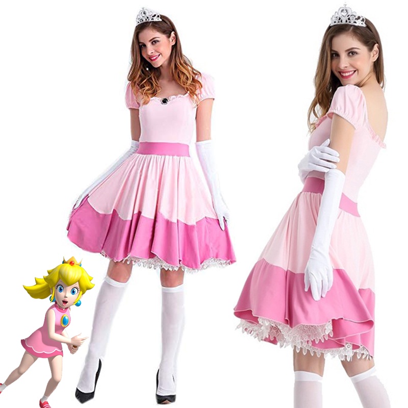 Super Mario Pink Princess Peach Fancy Halloween Costume Dress+Gloves ...