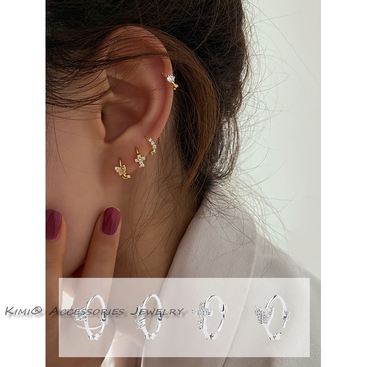 14K Gold Butterfly Earrings Set Zircon Hoop Earrings Hikaw for Woman ...