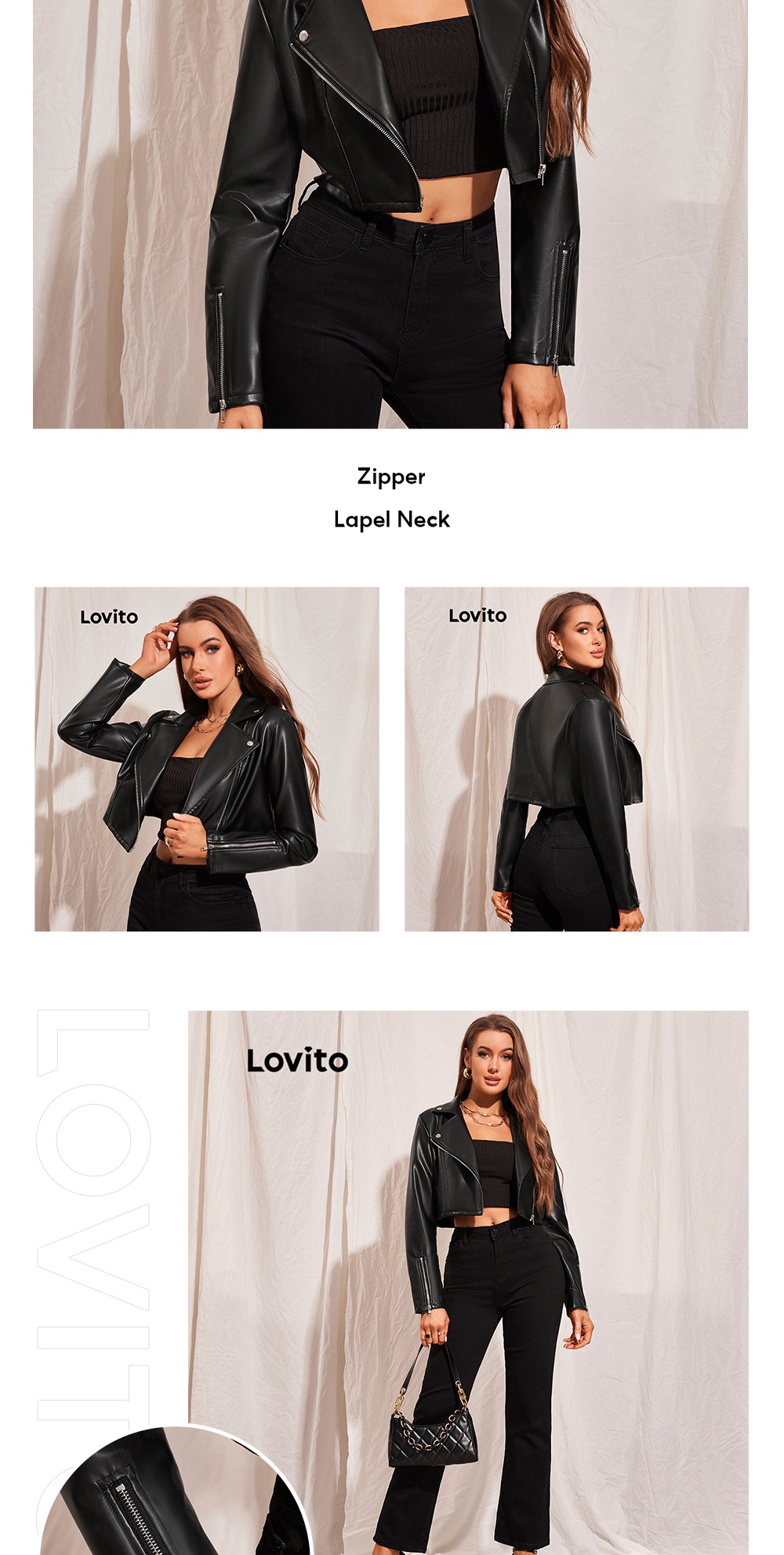 Lovito Women Casual Jacket Plain Zipper PU Leather Lapel Neck Moto ...