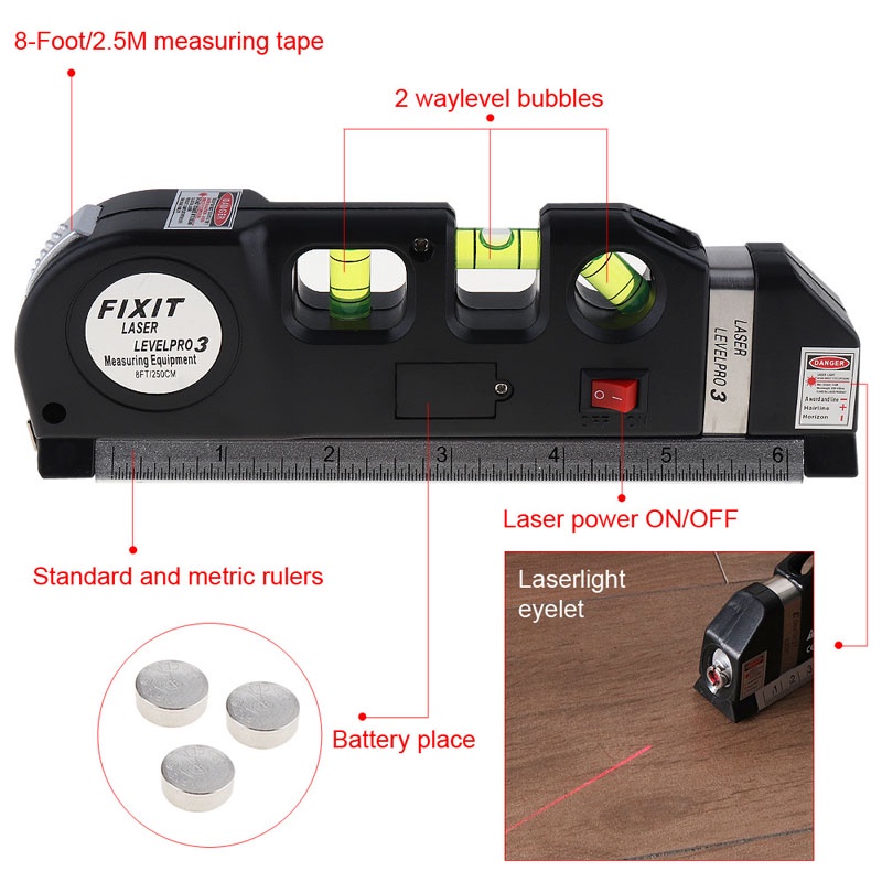 4In1 Multipurpose Spirit Level Laser Horizon Vertical Measure Tape ...