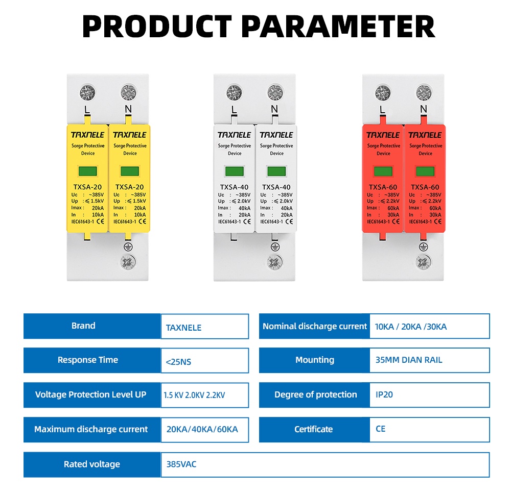 TAXNELE AC SPD 1P 2P 3P 4P Surge Protector Low Voltage Household Lightning Arrester 20KA 40KA ...