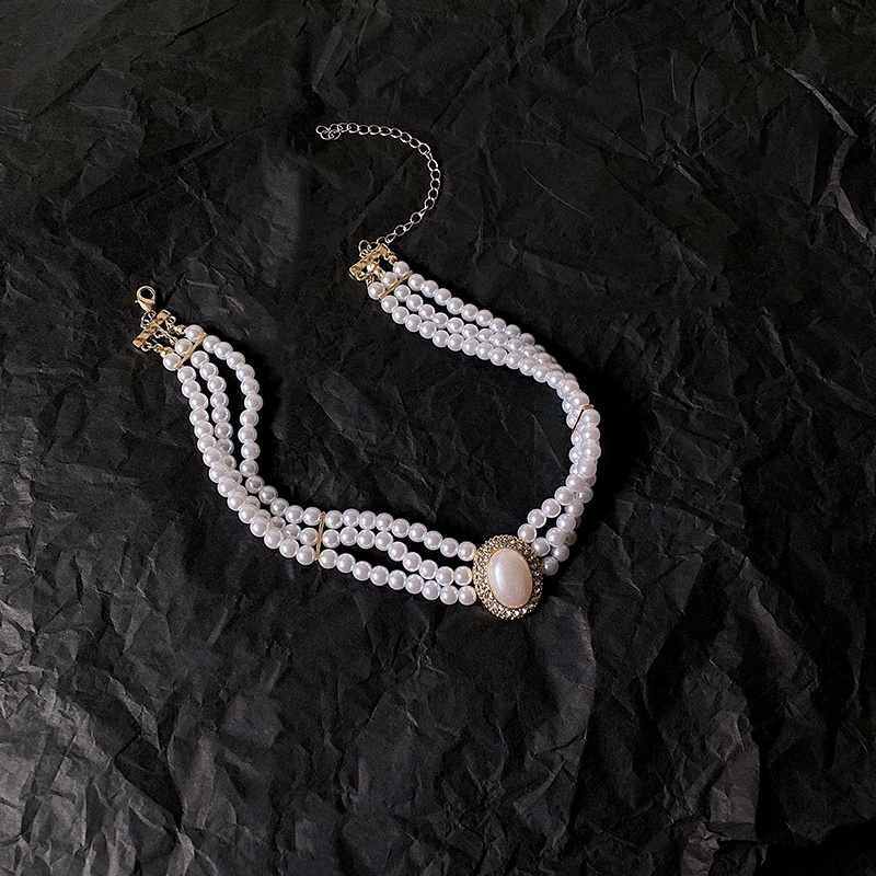 French Bride's Three-layer Pearl Necklace Flash Diamond Pearl Wedding ...