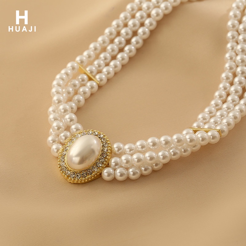 French Bride's Three-layer Pearl Necklace Flash Diamond Pearl Wedding ...
