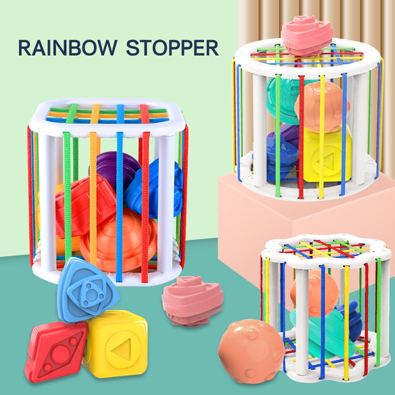 Baby Toys Sensory Balls Rainbow Rope Cube Shape Sorter Infant Cognitive ...
