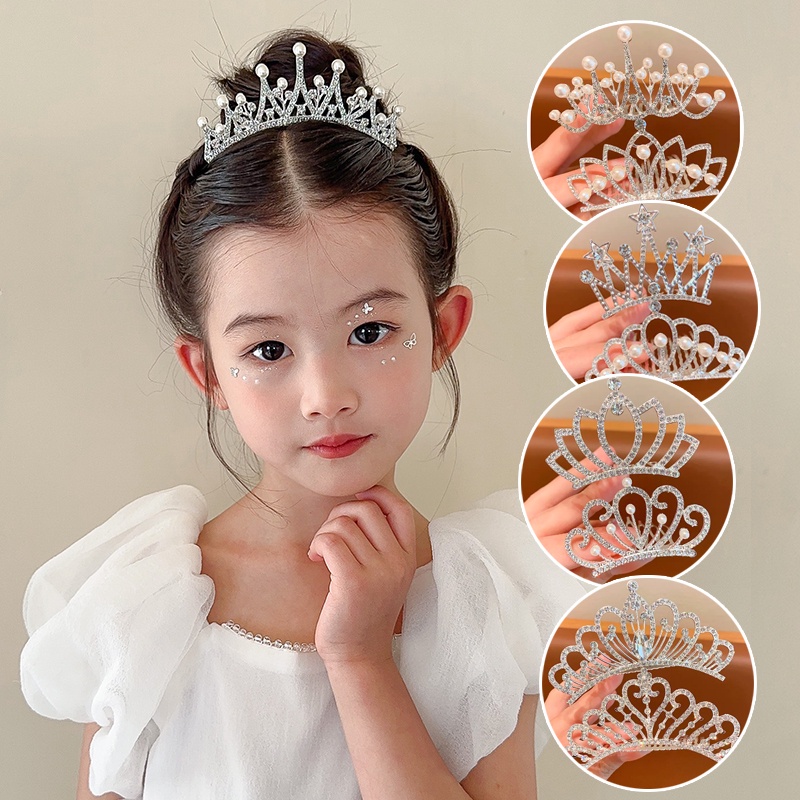 Bow Crown Tiara Children Hair Clip Princess Cute Rhinestone Hairpin ...