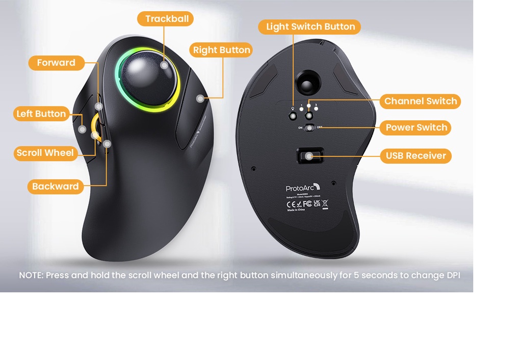 jomaa EM03 Wireless Bluetooth Trackball Mouse Rechargeable Ergonomic RGB Backlit Rollerball Mice ...