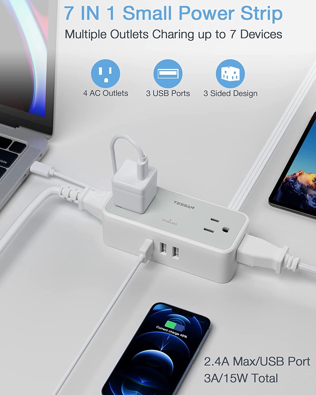 TESSAN Ultra Thin Flat Plug Power Strip with 4 AC Outlets & 3 USB (1 ...