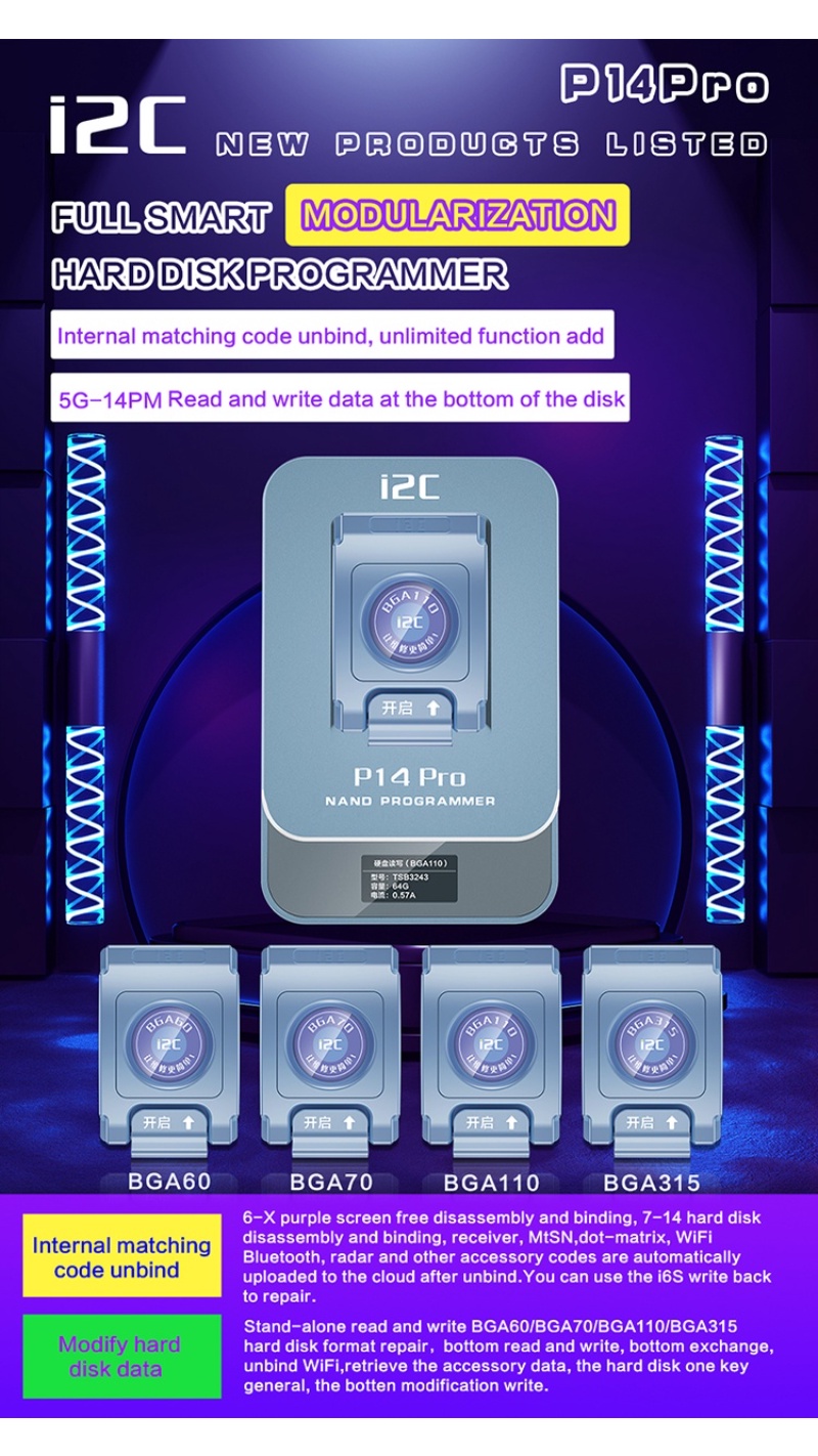 I2C P14Pro Hard Disk Repair Device BGA60 BGA70 BGA110 Programmer for Phone 5-13 Series SYSCFG ...