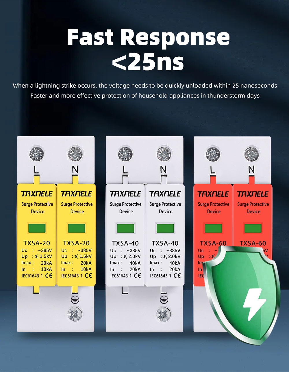 TAXNELE AC SPD Din rail 20KA 40KA 60KA 2P 385V House Lightning Surge Protector Low-voltage ...