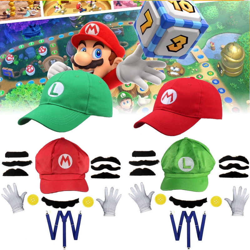 Unisex Super Mario Baseball Cap Cosplay Accessory Set Hat Cap Party ...
