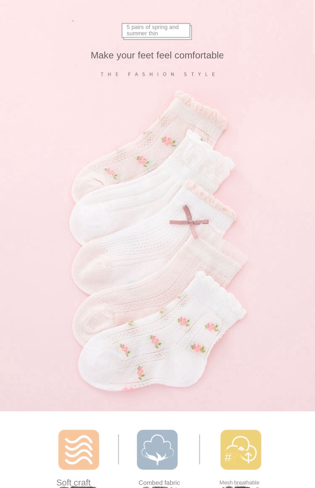 5 Pairs Kids Socks Spring Summer Cotton Girls Socks Cute Flowers ...