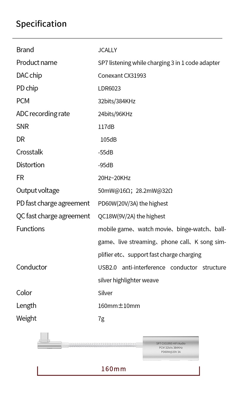JCALLY SP7 CX31993 Type C Audio Adapter 3.5mm Type-C Support PD 60W ...