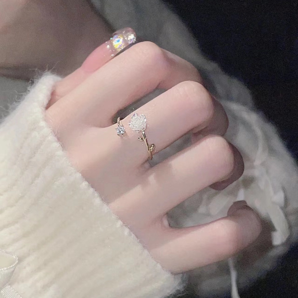 French new camellia ring ins student girl simple small shiny diamond ...