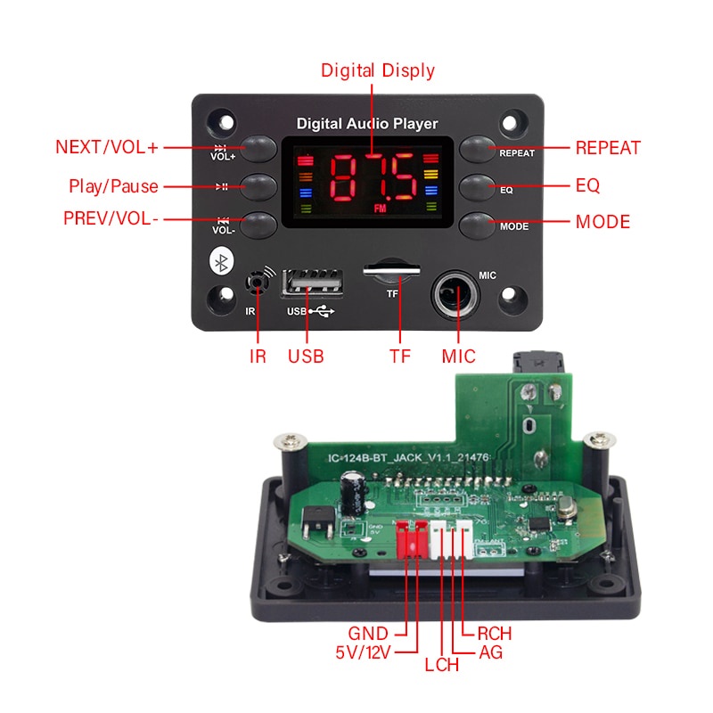DC 5V 12V Bluetooth 5.0 Car Audio MP3 Player Board with USB TF FM Radio ...