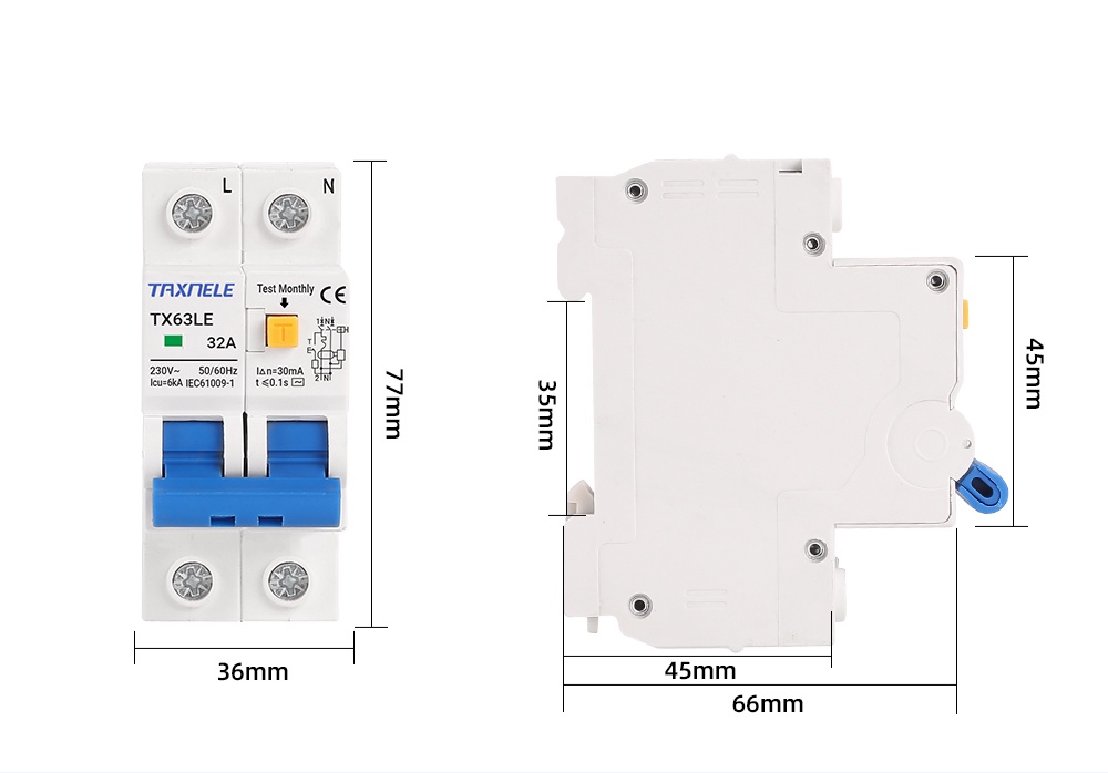 RCBO 230V 2P Residual Current Circuit Breaker MCB Overload Short ...