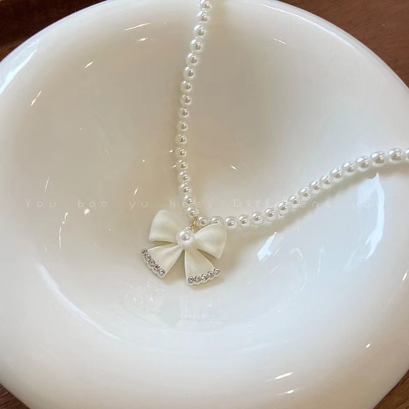 6mm Bowknot Pearl Necklace Choker Clavicle Chain Niche Collarbone Chain ...