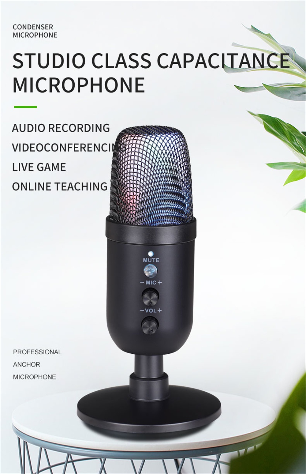 Gaming USB Microphone Desktop Condenser Podcast Computer Mic with RGB ...
